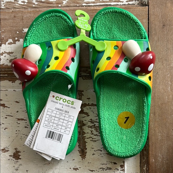 CROCS | Shoes | Crocs Classic Terry Cloth Slides Rainbow Mushroom ...